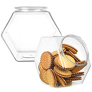 DilaBee Plastic Candy Jars for Candy Buffet, Candy Jars with Lids, Clear Cookie Jars for Kitchen Counter, Candy Dishes for Candy Buffet with Airtight Lid, Candy Bar Containers Set - Hexagonal Jars with Labels [129 Oz, Pack of 2] - Food Grade BPA-Free
