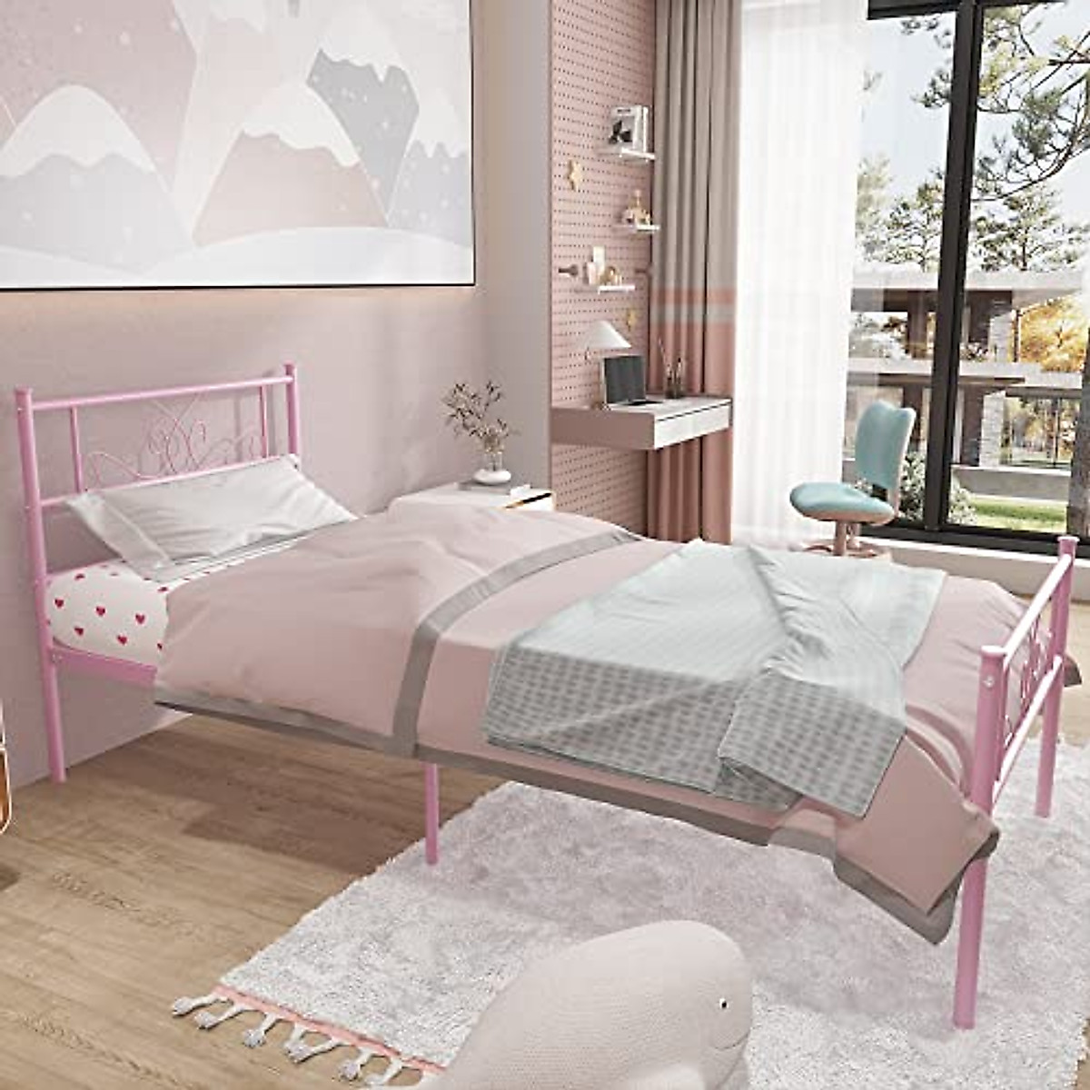 Weehom Platform Steel Bed Frame with 6 Legs Mattress Foundation Heavy Duty Bed Steel Slat Support Easy Assemble Kids Adults(Twin Size),Pink