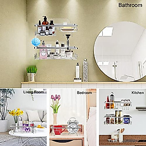 TOLOYE Shower Caddy Shelf, Adhesive Shower Caddy 2 Pack Shelf with 14 Hooks Storage Rack Organizer, Stainless Steel Shower Shelves with Soap Holder, No Drilling Rustproof for Bathroom, Restroom