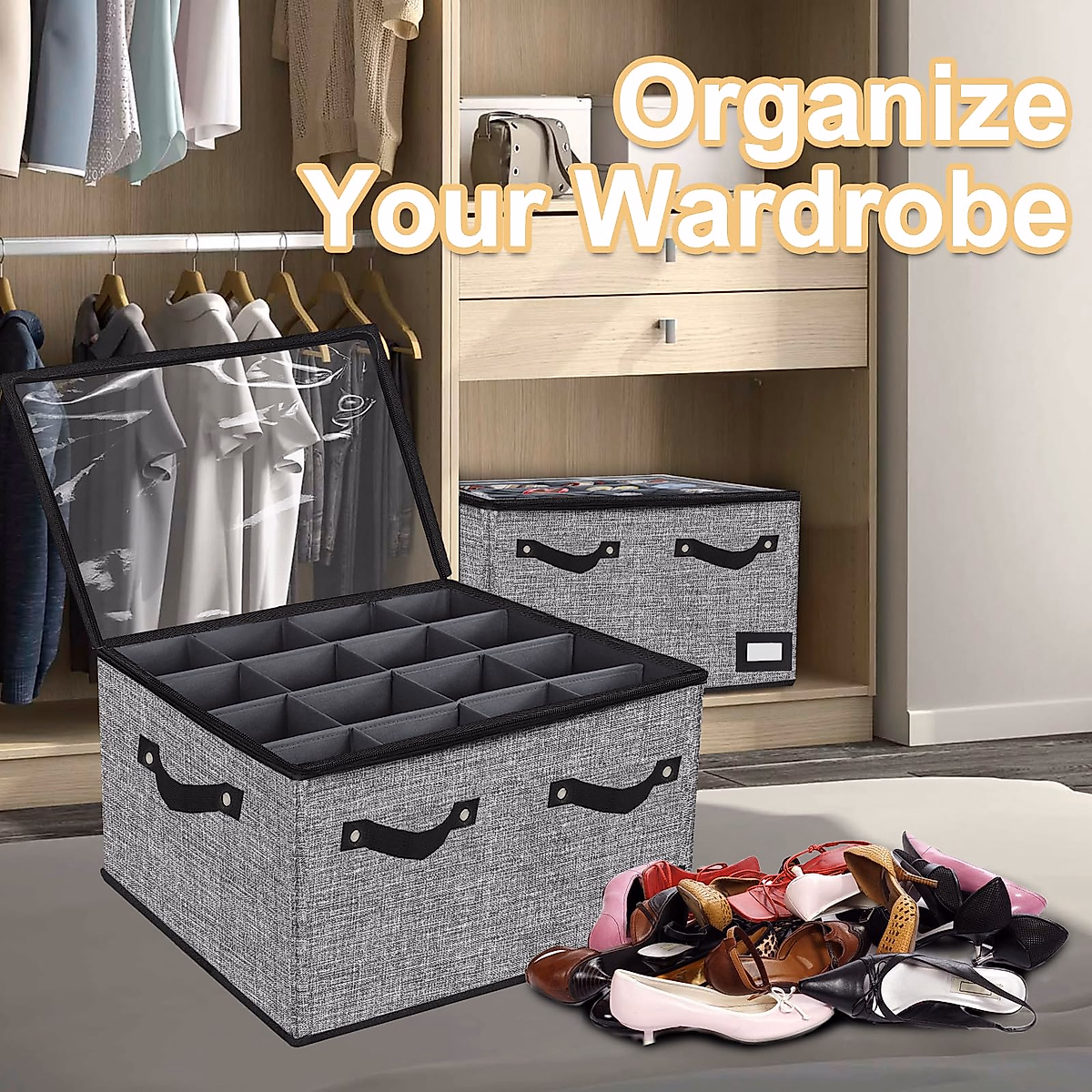 ouruer Shoe Storage Organizer for Closet,Stackable Shoe Storage Boxes for Entryway,Foldable Shoes Rack Organizer,Clear Large Shoe Bin Fits up to 16 Pairs of Low-Top Shoes or 8 Paris of High-Top Shoes