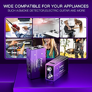 Pallus 9V Rechargeable Battery Pack, 4-Pack 760mAh Li-ion USB 9 Volt Battery for Smoke Alarms, Wireless Microphones, Smoke Detectors, Toys, Flashlights, Guitar