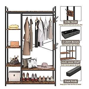 Free Standing Closet Organizer with Storage Box & Side Hook, Portable Garment Rack with 6 Heavy Duty Shelves and Hanging Rod, Black Metal Frame Hanging Closet Shelves - Rustic Brown