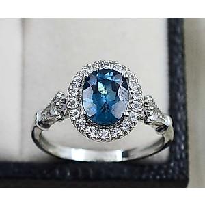 Natural 9X7 MM London Blue Topaz Gemstone Oval Cut 925 Sterling Silver December Birthstone Statement Ring For Engagement Gift (Rhodium Plated Silver, 8.5)