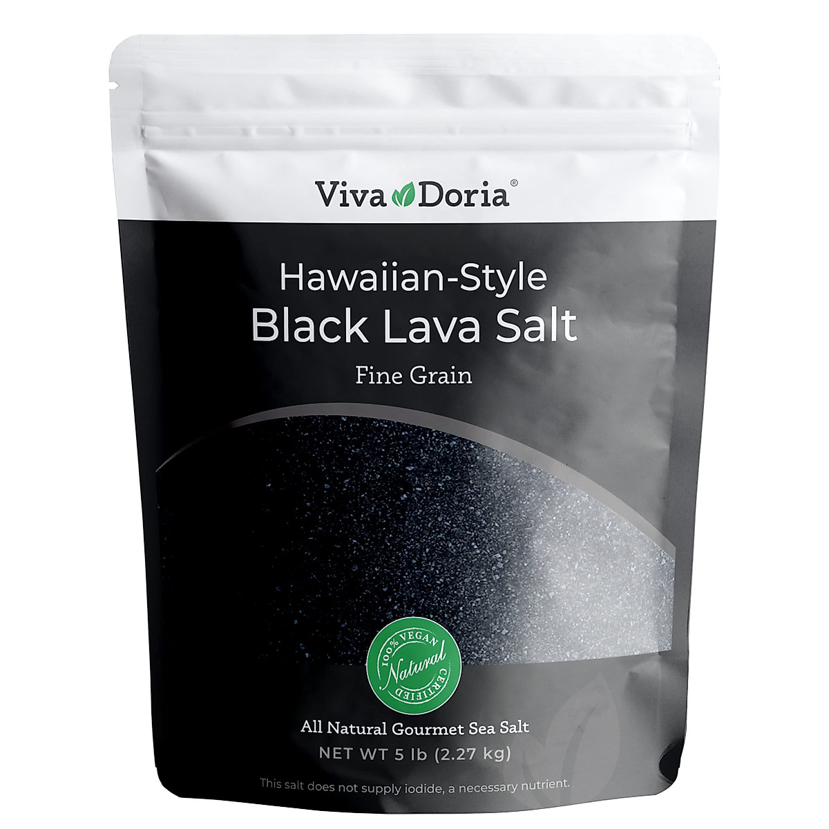 Viva Doria Hawaiian Black Lava Sea Salt, Fine Grain, Lava Salt, 5 lb (2.27 kg)