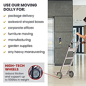 HaulPro Heavy Duty Hand Truck - Aluminum Dolly Cart for Moving - 500 Pound Capacity - 8" Rubber Wheels - 54" H x 18.5" W with 17.5 x 9 Nose Plate