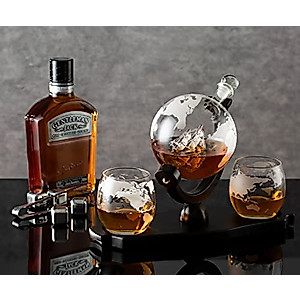 Verolux Whiskey Globe Decanter Set with 2 Etched Globe Glasses in Gift Box - Home Bar Accessories for Liquor, Whiskey, Brandy, Gin, Rum, Tequila, Vodka, and Brandy