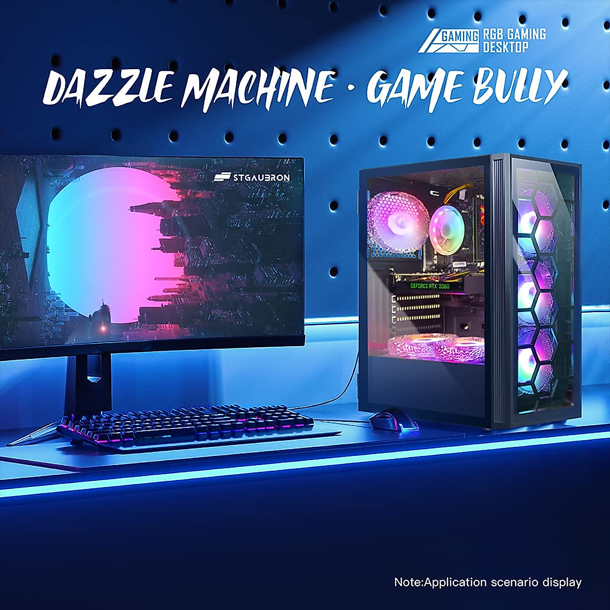 STGAubron Gaming PC Desktop, GeForce RTX 2060 6G GDDR6, Intel Core I7 3.4 GHz up to 3.9 GHz, 16G RAM, 512G SSD, WiFi, BT 5.0, RGB Fan x6, RGB Mouse Pad, RGB BT Sound Bar, Windows 10 Home
