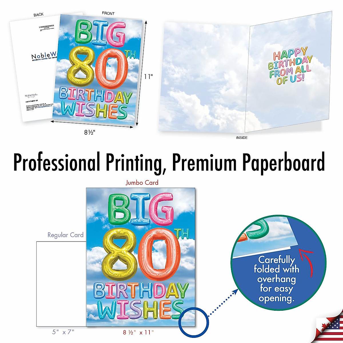 The Best Card Company - 80th Birthday Card w/Envelope (8.5 x 11 Inch) 80 Years Old, Big Stationery Bday Greeting from All of Us (Not Actual Balloons, 3D or Raised) - Inflated Messages J5651FMBG-US