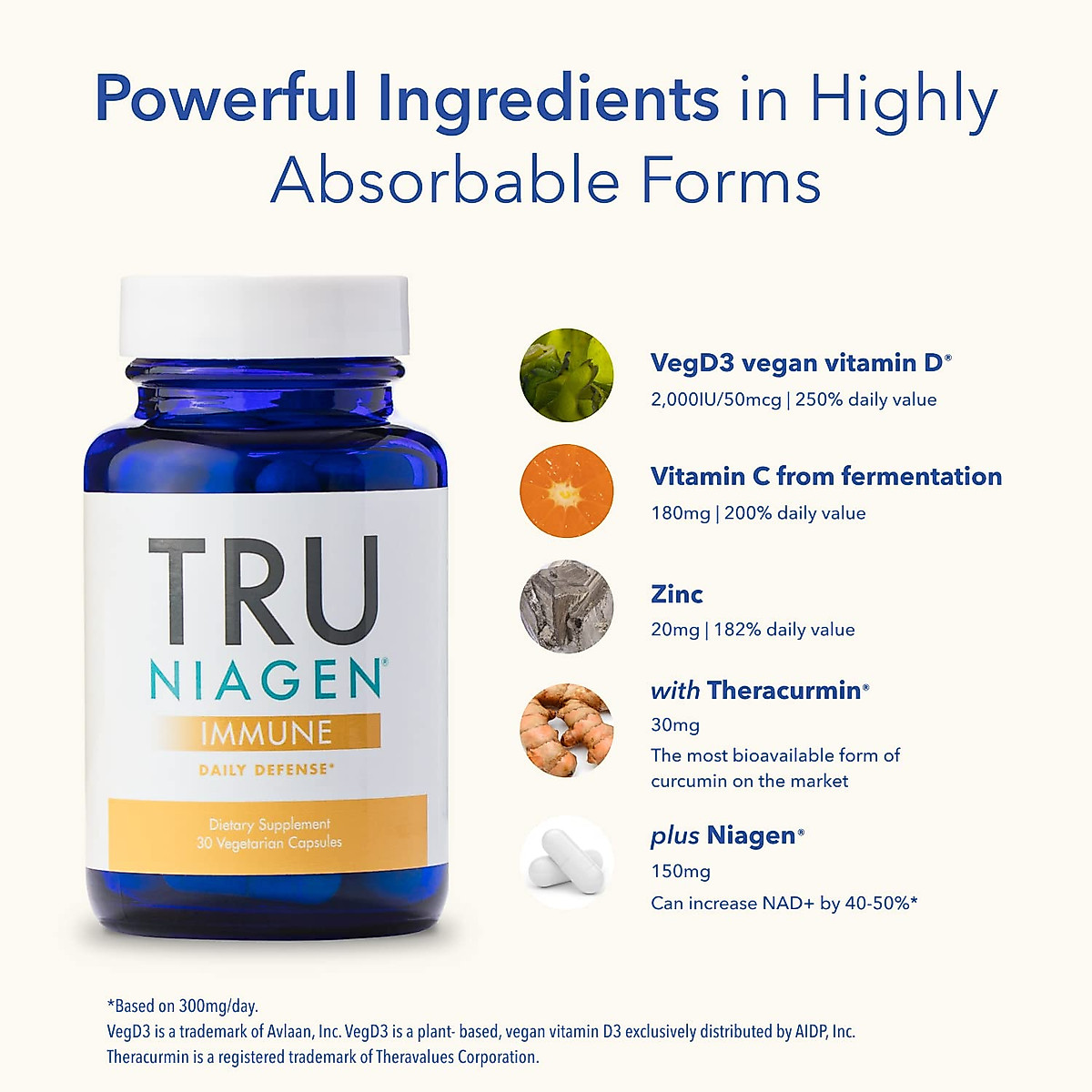 TRU NIAGEN Immune Support Supplement - Daily Defense - Vitamin C from Fermentation, Vegan Vitamin D3 2000 IU, Zinc, Plus Theracurmin (Curcumin) + Multi Award-Winning NAD Boosting Niagen 150mg 30ct