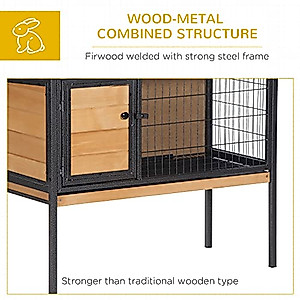 PawHut Rabbit Hutch Elevated Bunny Cage Small Animal Habitat with Metal Frame, No Leak Tray, Mtetal Wire Pan and Openable Water-Resistant Asphalt Roof for Indoor/Outdoor Natural Wood