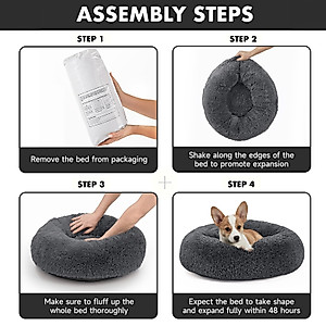 OhGeni Calming Donut Dog & Cat Bed, Machine Washable Plush Warming Bed, Anti-Slip Round Cuddle Comfort Pet Bed, Cozy Fluffy Faux Fur Bed for Small Medium Dogs, Gray, 23 inches