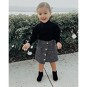 Kupretty Toddler Baby Girl Fall Winter Clothes Turtleneck Solid Knit Pullover Tops Plaid Button A-Line Skirts Set Outfits (Black Plaid Skirt Set, 3-4T)