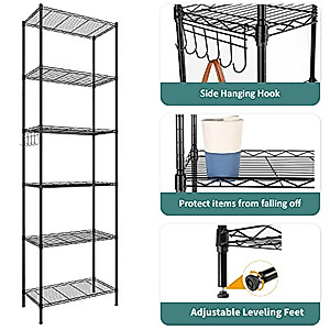 Homdox 6-Tier Storage Shelf Wire Shelving Unit Free Standing Rack Organization Adjustable Leveling Feet, Stainless Side Hooks, Black