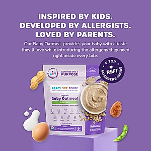 Ready, Set, Food! Organic Baby Oatmeal Cereal | Original | Organic Baby Food with 9 Top Allergens: Peanut, Egg, Milk, Cashew, Almond, Walnut, Sesame, Soy & Wheat | Unsweetened | Fortified with Iron | 15 Servings