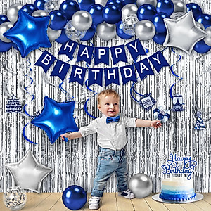 Navy Blue and Silver Birthday Decorations for Men Birthday Decorations for Boys Contain Banner Balloons Fringe Curtains Hanging Swirls Tablecloth Cake Topper Birthday Party Supplies for Men & Boys