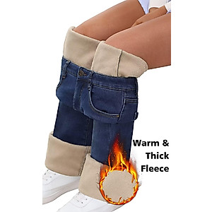 KDF Women's Fleece Lined Jeans Flare Bell Bottom Jeans Winter Super Warm Thick Fleece Denim High Waisted Stretch Jeans Fleece Pants 14,Dark Blue