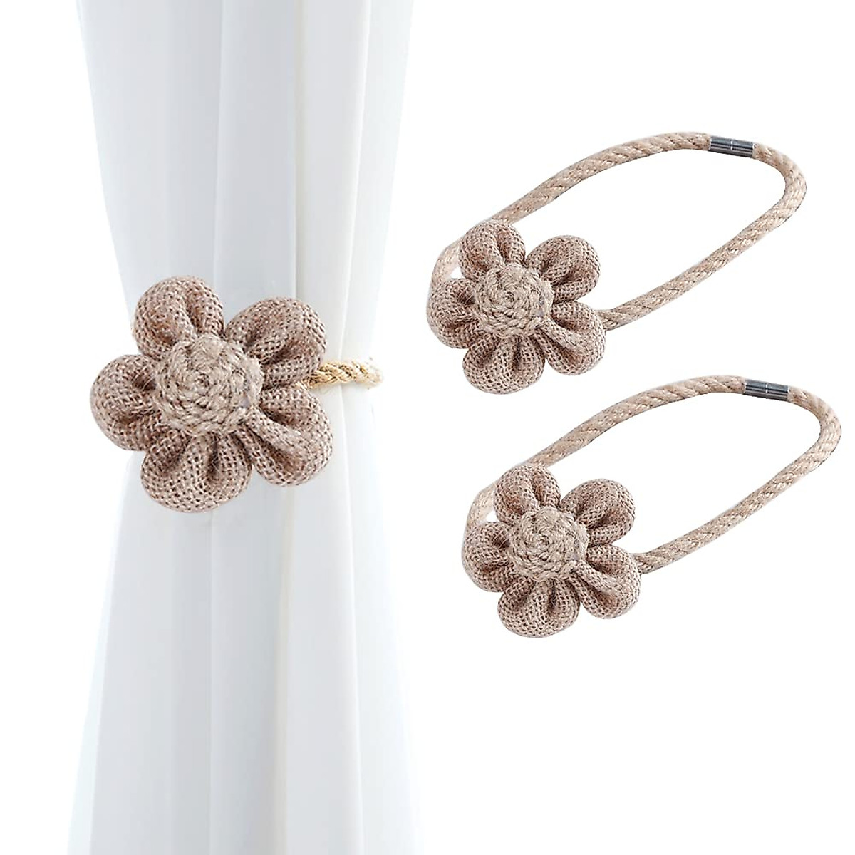 Magnetic Flower Curtain Tiebacks Style Tie Decorative Weave Rope Curtain, glrovazas 2 Pack Curtain Holders for Window Decor Bedroom Office Home(Curry)