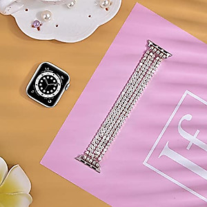 MOFREE Bracelet Compatible for Series 6 Apple Watch Band 40mm/38mm/41mm Series 7 SE 5 Women Fashion Handmade Elastic Stretch Beads Strap for iWatch Series 4/3/2/1 38mm/40mm Replacement Silver