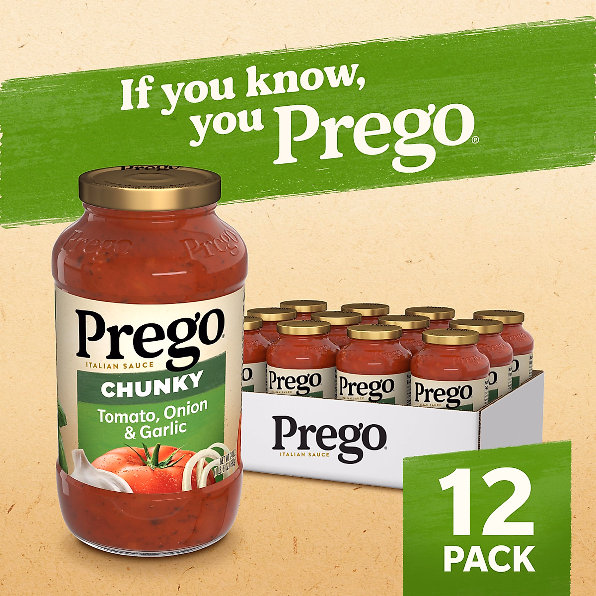 Prego Chunky Tomato with Garlic and Onion Pasta Sauce, 24 Oz Jar (Case of 12)