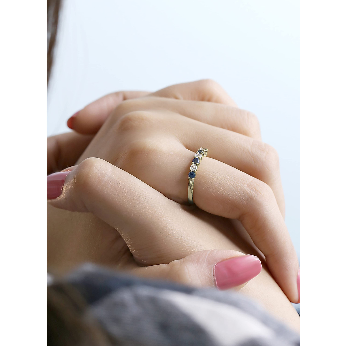 Dazzlingrock Collection 2.5mm Each Round Blue Sapphire & White Diamond 7 Stone Stackable Wedding Band for Women in 14K Yellow Gold, Size 6