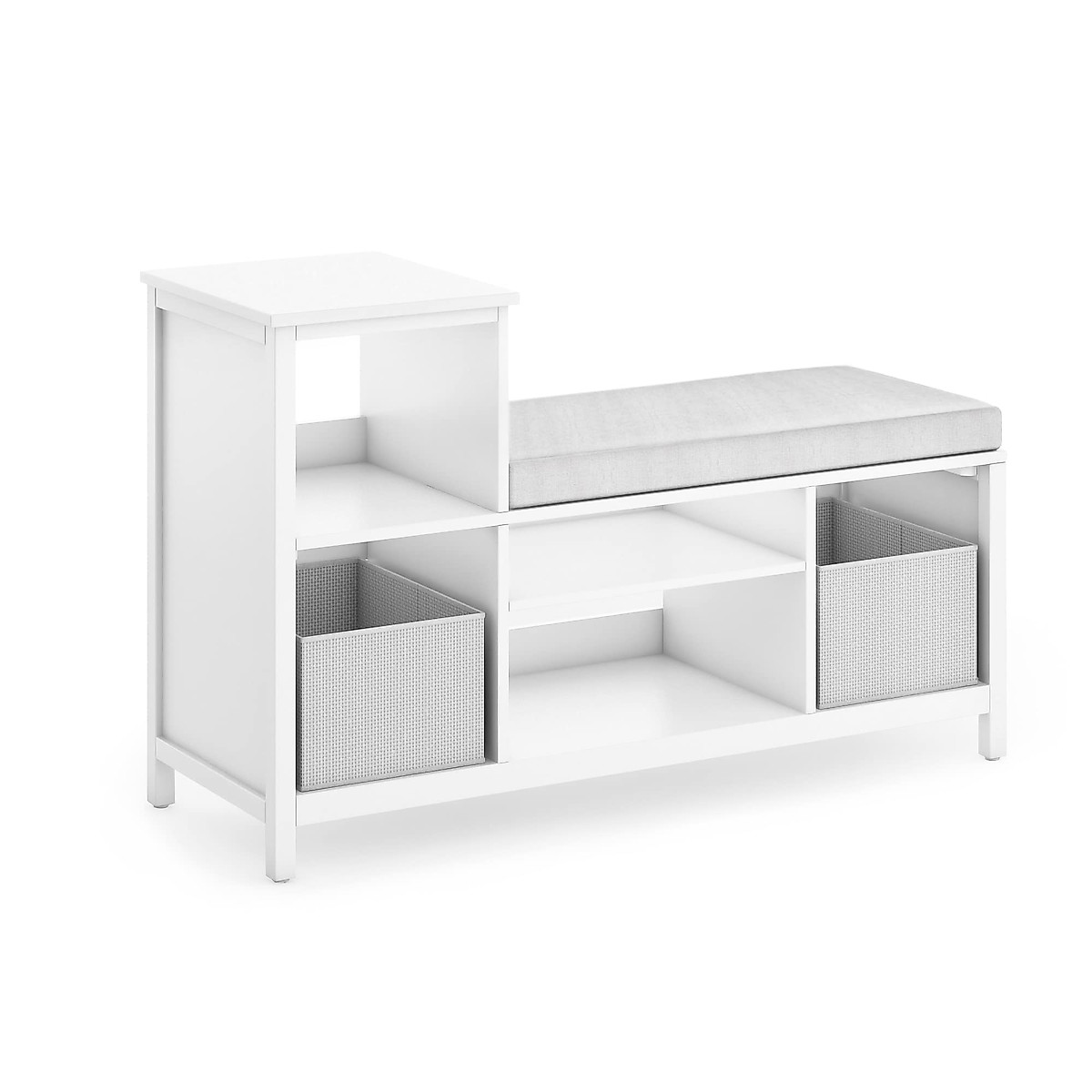 Martha Stewart Kids' Jr. Reading Nook with Bins - Creamy White: Kids Wood Bookshelf and Storage Bench with Open Shelves and Canvas Storage Bins for Toys, Games, and Books | Toddler Room Furniture