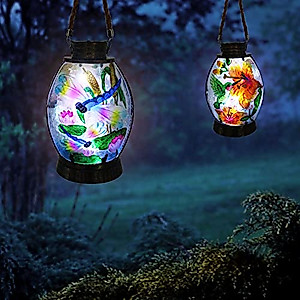 SUBOLO Hanging Solar Lantern Outdoor Garden Metal Glass Dragonfly & Hummingbird Pattern LED Light Solar Powered Waterproof Landscape Table Lamp for Patio, Yard and Pathway - 1 Pc