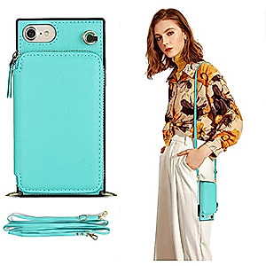DEFBSC Zipper Wallet iPhone 8 Case, iPhone 7 Case, iPhone SE 2020/ SE 2022 Case, PU Square Wallet Case with Crossbody Chain Credit Card Holder Slot Shoulder Handbag Purse Wrist Strap Case(Green)