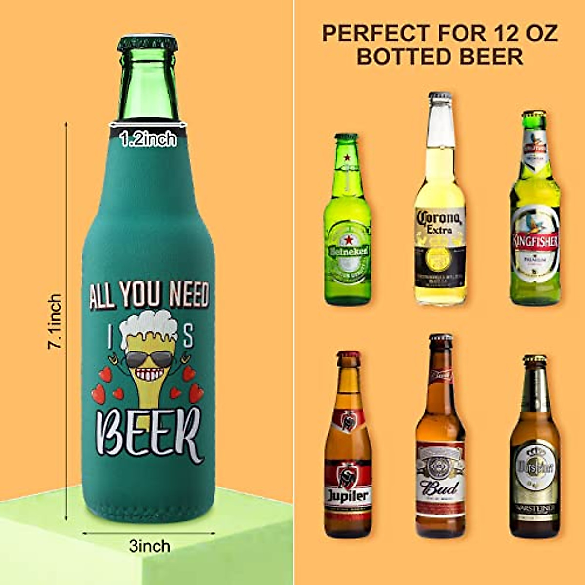 Summer Beer Bottle Insulator Sleeve with Zipper Neoprene Insulated Bottle Jackets Keep Warm and Cold Beer Bottle Sleeves with Stitched Fabric Edges for Party (12 Piece, Bright Style)