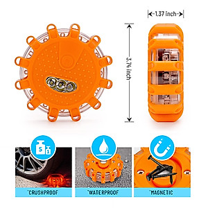 HEIGPAN GP903 LED Road Flares Safety Flashing Warning Lights, Magnetic Base Hook Carrying Bag 9 Flash Modes, for Car Truck Boat 3Pack(Batteries not Included) Orange
