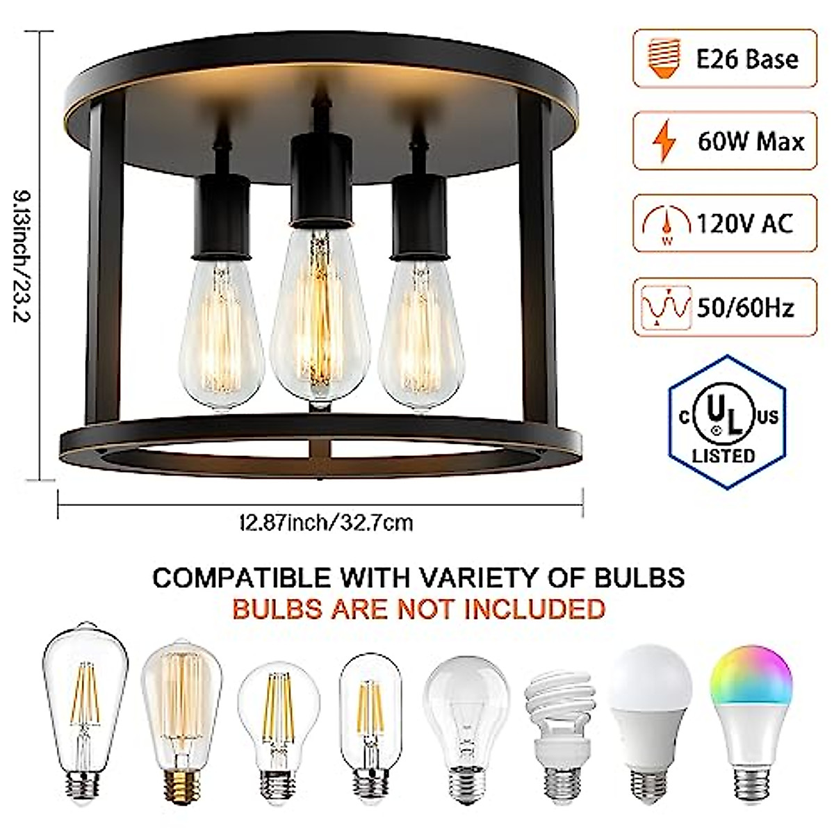 APOTO 3-Lights Semi Flush Mount Ceiling Light Fixture,Black Hallway Light Fixture,Industrial Light Fixture Ceiling Mount,Farmhouse Close to Ceiling Lamp for Entryway Kitchen,Bulb not Included, 2 Pack