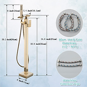 Gmusre Brushed Gold Floor Mounted Waterfall Tub Filler Freestanding Bathtub Faucet Brass Bathroom Single Handle with Shower Hand Spray and 360 Degree Swivel Spout