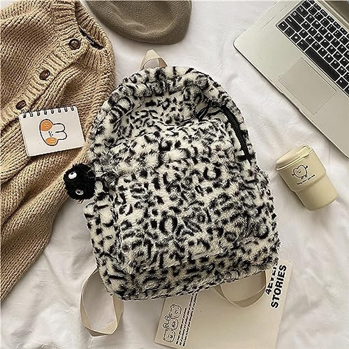 JHTPSLR Leopard Furry Backpack Soft Plush Backpack Fuzzy Backpack Book Bags Trendy Backpack Cute Stylish Winter Casual Daypack (Black)