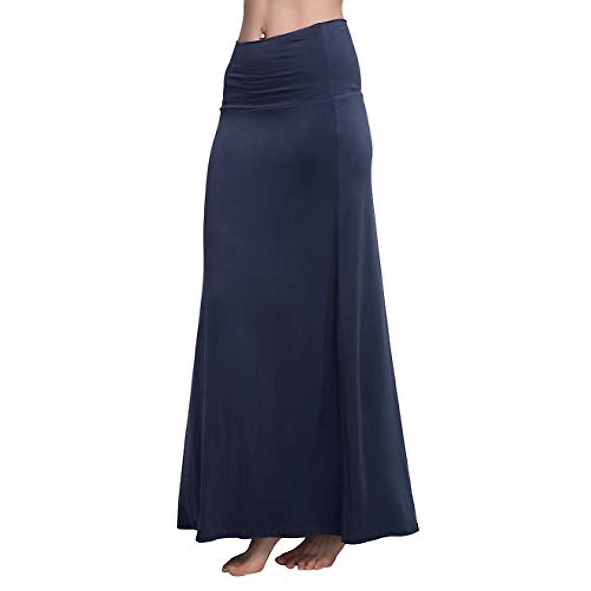 Urban CoCo Women's Stylish Spandex Comfy Fold-Over Flare Long Maxi Skirt (M, Navy Blue)