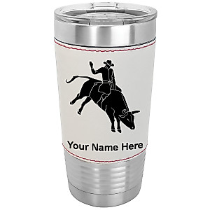 LaserGram 20oz Vacuum Insulated Tumbler Mug, Bull Rider Cowboy, Personalized Engraving Included (Faux Leather, Baseball Style)