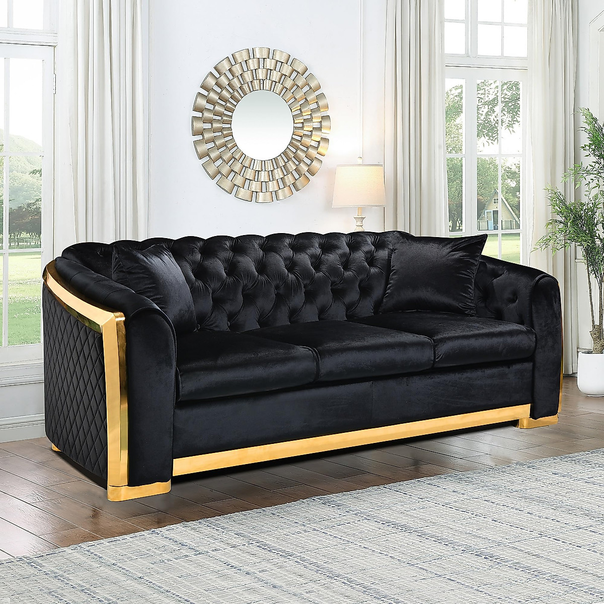 Anwick Velvet Chesterfield Sofa Classic 3 Seater Couch Modern Upholstered Sofa with Tufted Back and Two Pillows for Living Room Office (Black)