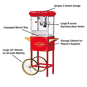 Great Northern Popcorn Foundation Popcorn Machine with Cart 8oz Popper with Stainless-Steel Kettle, Warming Light, and Accessories, (Red)