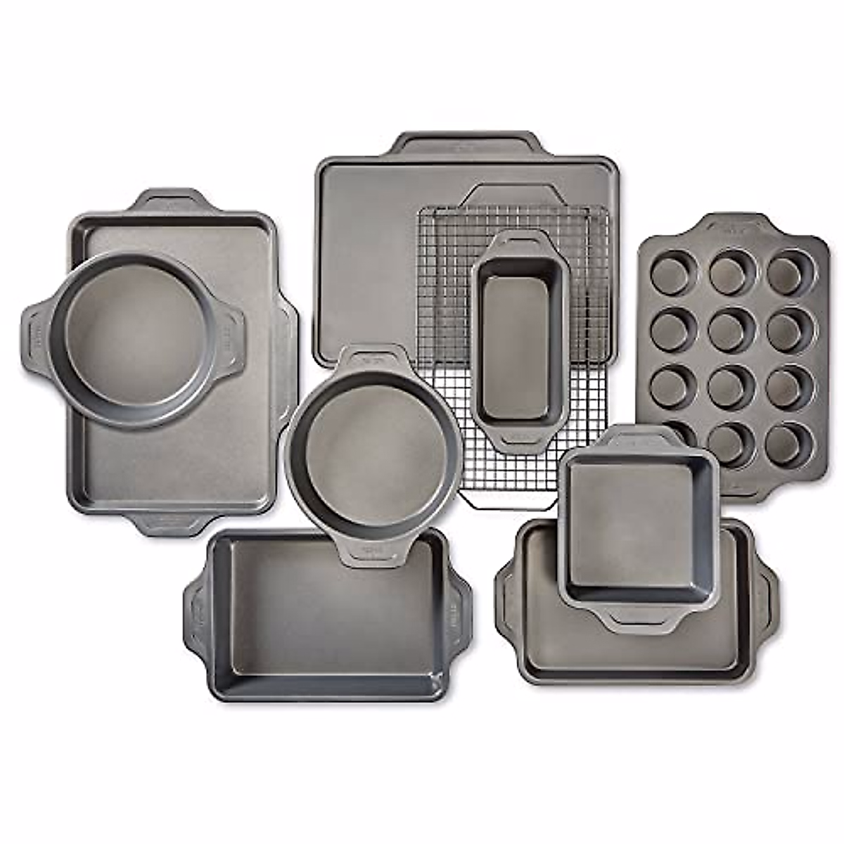 All-Clad Pro-Release Nonstick Bakeware Set 10 Piece Oven Safe 450F Half Sheet, Cookie Sheet, Muffin Pan, Cooling & Baking Rack, Round Cake Pan, Loaf Pan, Baking Pan Grey