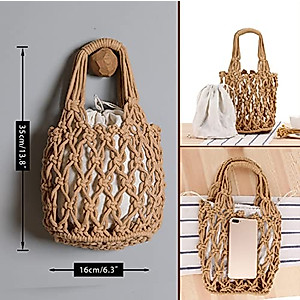 JBRUN Women's Bucket Drawstring Handbag Fishing Net Shoulder Bag Straw Weave Handbag Summer Beach Bags Hobo Bag (A-Brown)