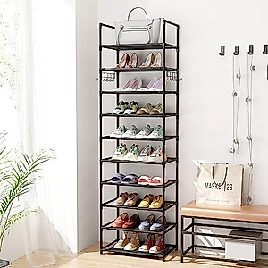 Fixwal 10 Tiers Shoe Rack, Tall Shoe Storage Shelf for 20-24 Pairs of Shoes and Boots, Sturdy Shoe Organizer for Close, Narrow Shoe Shelf with Hooks for Entryway Bedroom Hallway (Black)