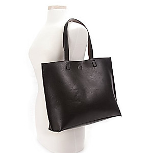 Overbrooke Reversible Tote Bag - Vegan Leather Womens Shoulder Tote with Wristlet, Black/Light Brown, Large