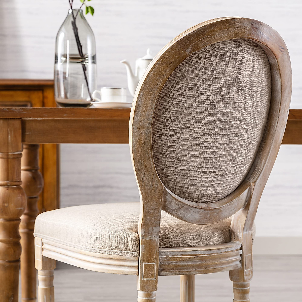 chairus Farmhouse Dining Chairs Set of 6, French Country Dining Room Chairs Vintage Fabric Upholstered Chair with Round Back Natural Wood Legs, Beige 6 PCS