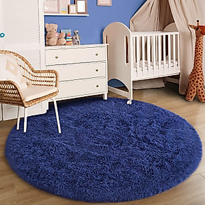 Gifeas Navy Blue Round Rug for Girls Bedroom, Fluffy Circle Rug 4'X4' for Kids Room Decor, Shaggy Circular Rug for Baby Nursery Dorm, Upgrade Fuzzy Plush Rug for Living room, Cute Room Decor for Teens