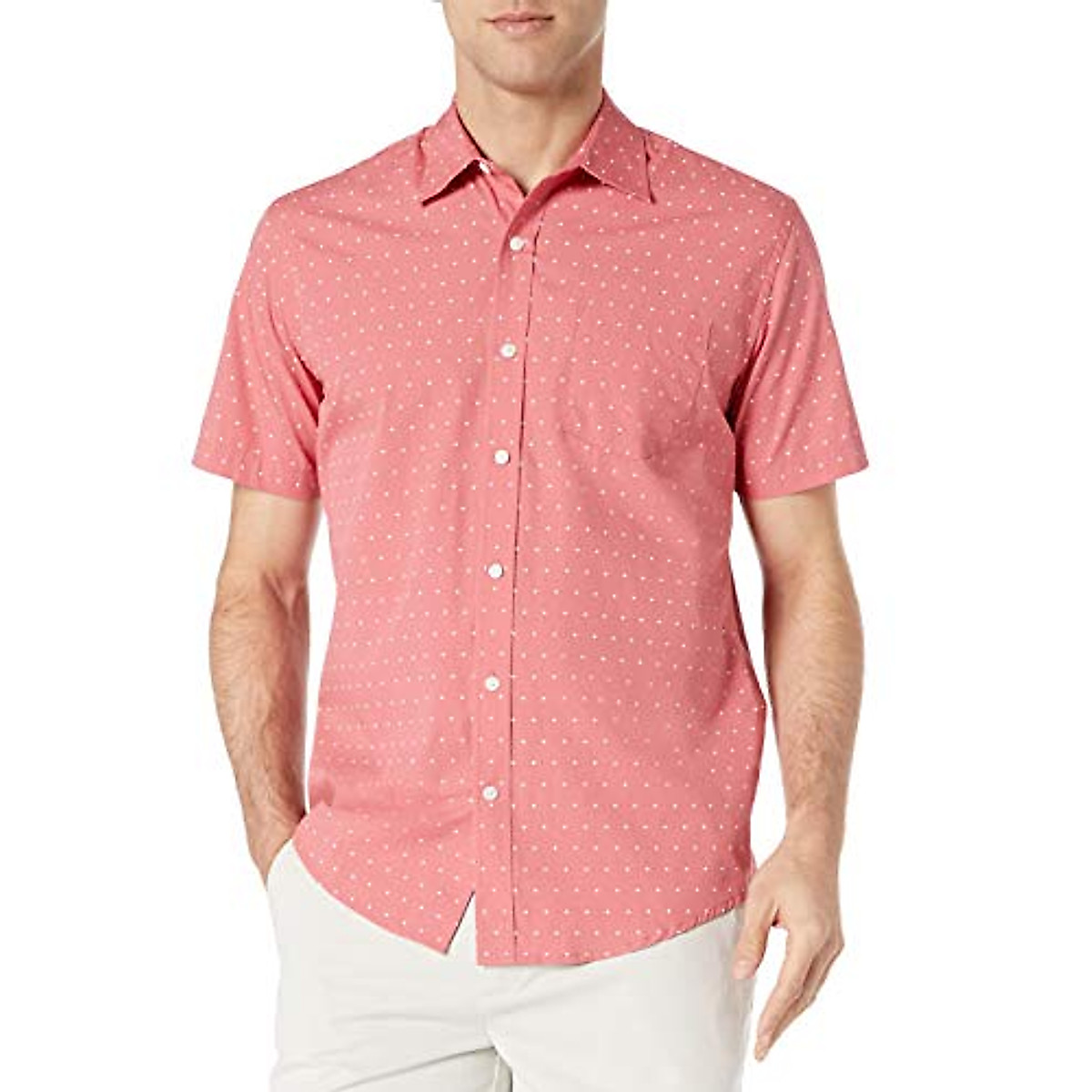 Amazon Essentials Men's Regular-Fit Short-Sleeve Poplin Shirt, Coral Orange/White, Dots, Large