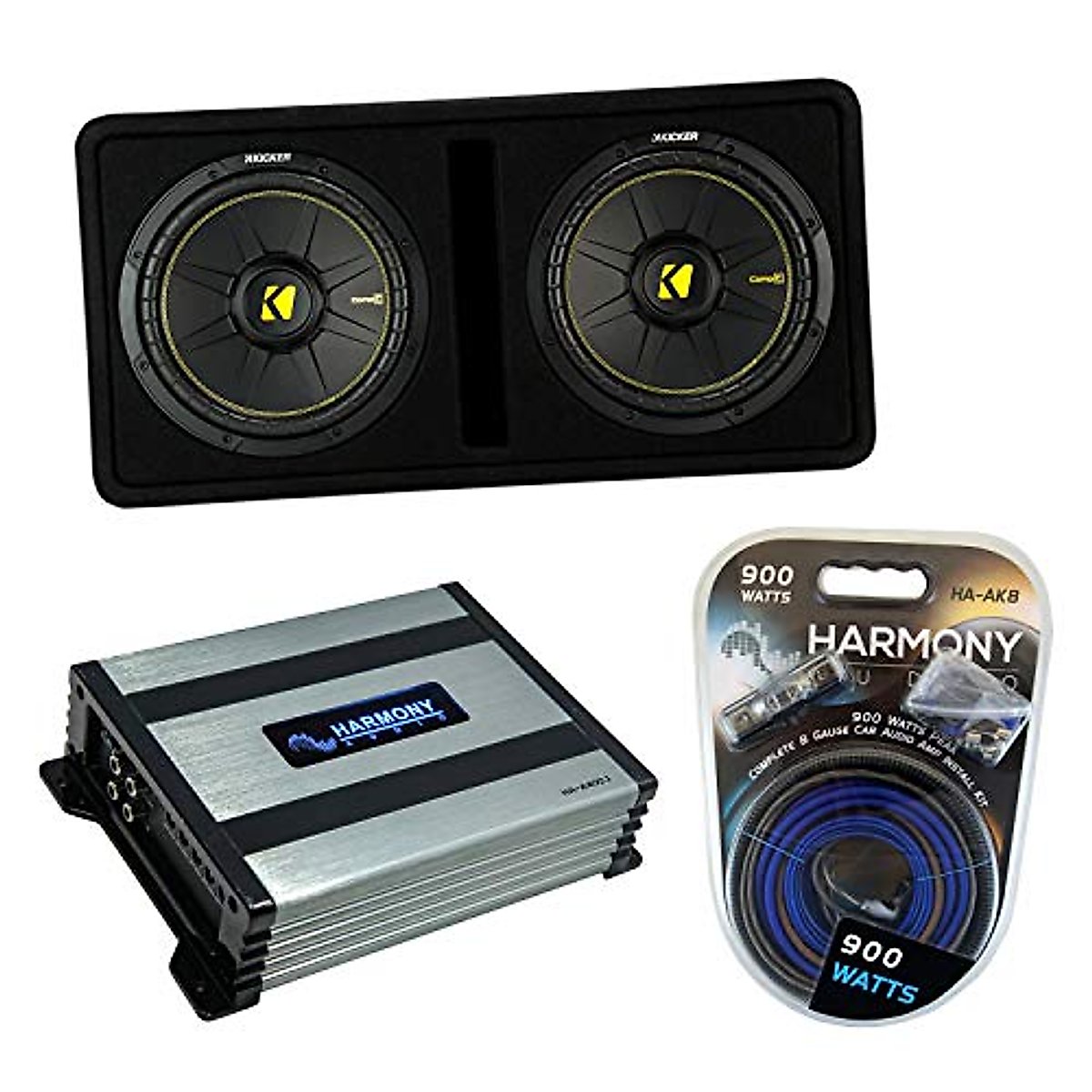 Kicker Bundle Compatible with Universal Vehicle 44DCWC122 Dual 12" Loaded Ported Sub Box with A400.1 Amplifier and HA-AK8 8Ga Amp Install Kit