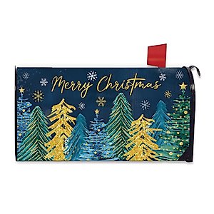 FBCOO Merry Christmas Tree Mailbox Cover Magnetic Standard Size 21"x19", Xmas Glitter Navy Blue Decorative Post Letter Box Decor, Snowflake Winter Holiday Garden Yard Outdoor Decoration