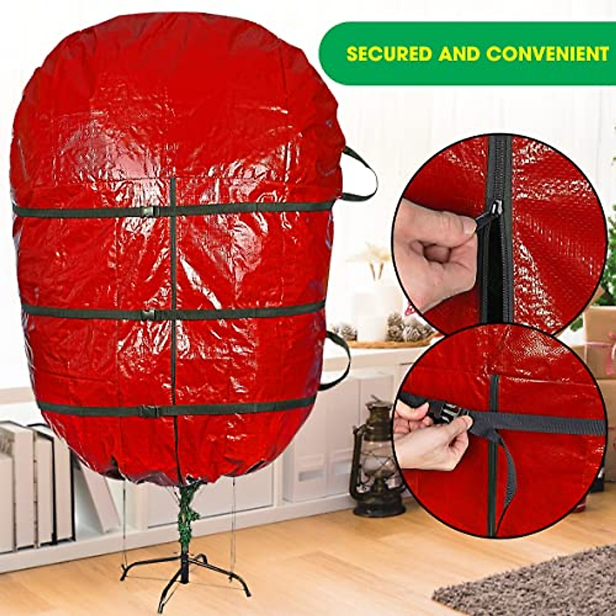 ProPik Upright Christmas Tree Storage Bag - Fits 7.5 Ft. Xmas Tree - Heavy Duty Polyethylene, Waterproof Bag for Christmas Tree Storage - Reusable, Adjustable, Zipper Closure, Ergonomic Handles for Transportation (7.5ft, Red)