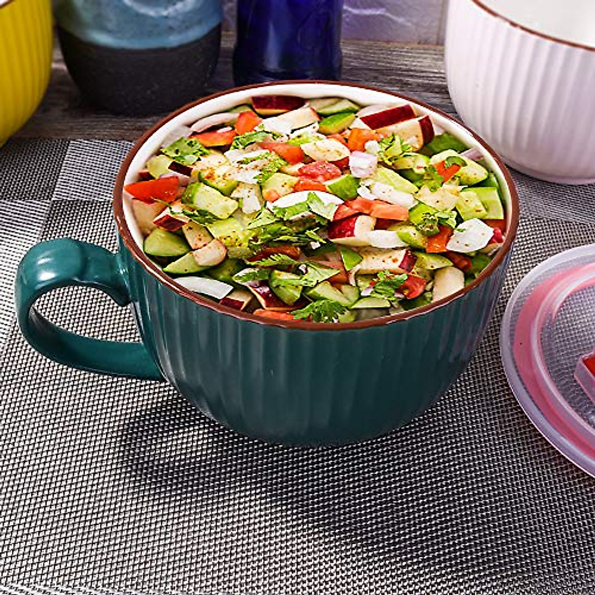 BOSILI Ceramic Bowl with Lid & Handle, 24 OZ Porcelain Soup Noodle Bowl with Lid, Microwave for Instant Noodle Sara, Cereal Bowl(Green)
