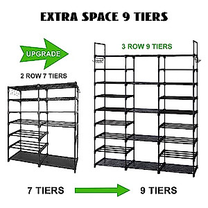 Fixwal 9 Tiers Shoe Rack Organizer, Shoe Organizer for Closet for 50-55 Pairs of Shoes and Boots, Stackable Metal Shoe Shelf with Hooks for Entryway, Shoe Racks for Bedroom Closet(Black)