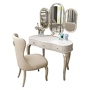 LEONYS Vanity Set with Cushioned Bench, Makeup Vanity Table with Tri-Folding Mirror, Dressing Table with 3 Drawers for Cosmetics Storage, White