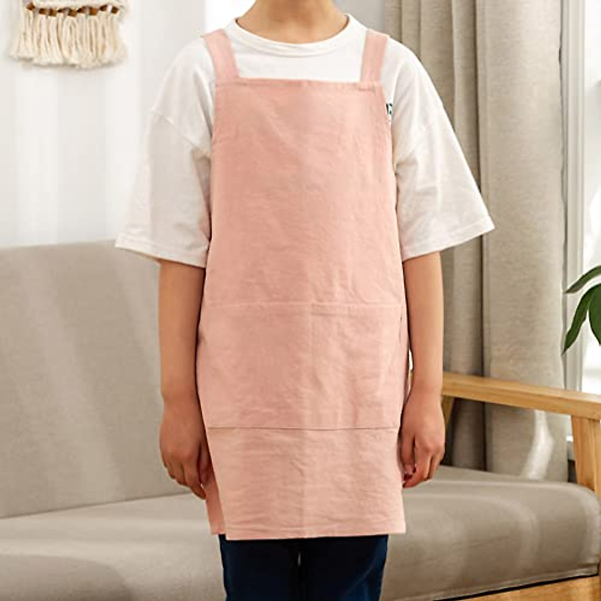 Kids Cotton Cross Back Aprons Children Chef Pure Child Apron with 2 Pockets for Baking Painting Cooking (Pink, One Size)